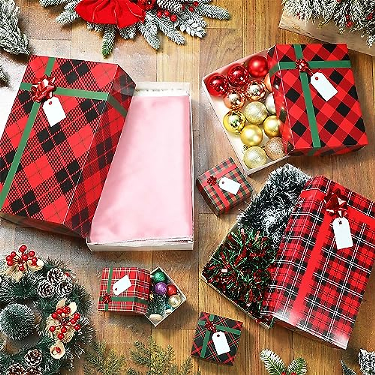 Qilery 24 Pieces Christmas Gift Boxes with Lids and Red Bows Buffalo Plaid Christmas Gift Wrap Boxes 4 Sizes Bulk Gift Boxes Shirt Box for Wrapping Xmas Holiday Present (Plaid)