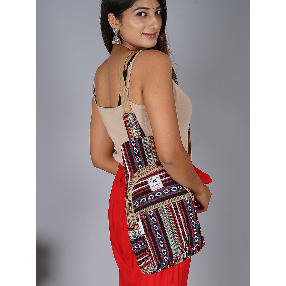 Marubhumi Hemp Sling Small Cross Body Bag Shoulder Backpack Adjustable Strap Men and Women Bag Lightweight Dayack