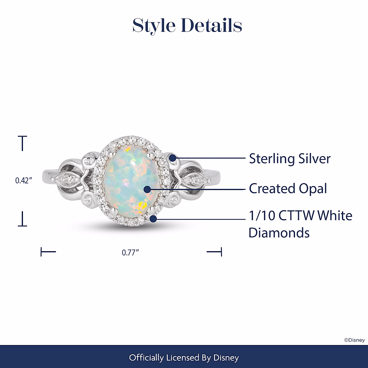 Jewelili Enchanted Disney Fine Jewelry Sterling Silver 8X6 MM Created Opal and 1/10 Cttw Natural White Round Diamond Cinderella Ring, Size 7