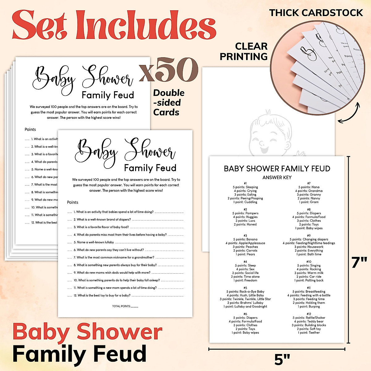 WOODAMORE Family Feud Baby Shower Game - 50 Pcs Baby Shower Family Feud Game for Adults and Kids, Hilarious Baby Shower Activities for Boy and Girl, Fun Baby Shower Party Game Card for Guest