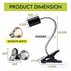 Wagooly Reptile Heat Lamp Fixture - Reptile Heater Turtle Lamp W/ Heat Bulb, Temperature Switch Reptile Basking Light, Heat Light for Gecko Bearded Dragon Terrarium - Heat Clamp Lamp Long (75)
