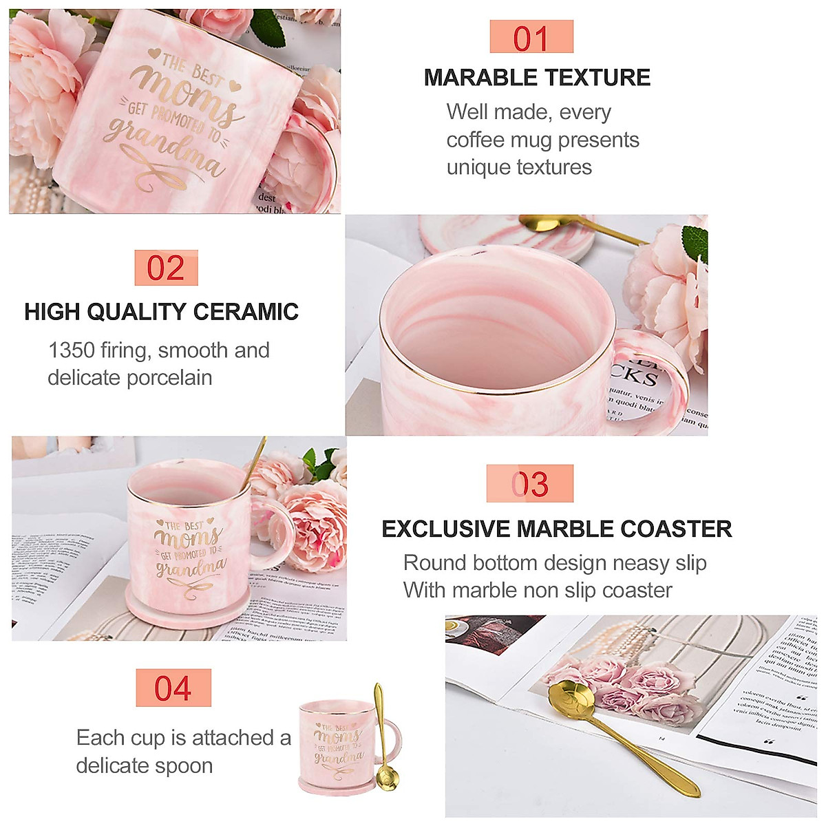 The Best Moms Get Promoted to Grandma Mug, Mother's Day Gifts for Grandma, Best Grandma Gift from Grandson Granddaughter, Funny Coffee Mug for Grandma, Grandma Mugs 12Oz with Box and Spoon Coaster