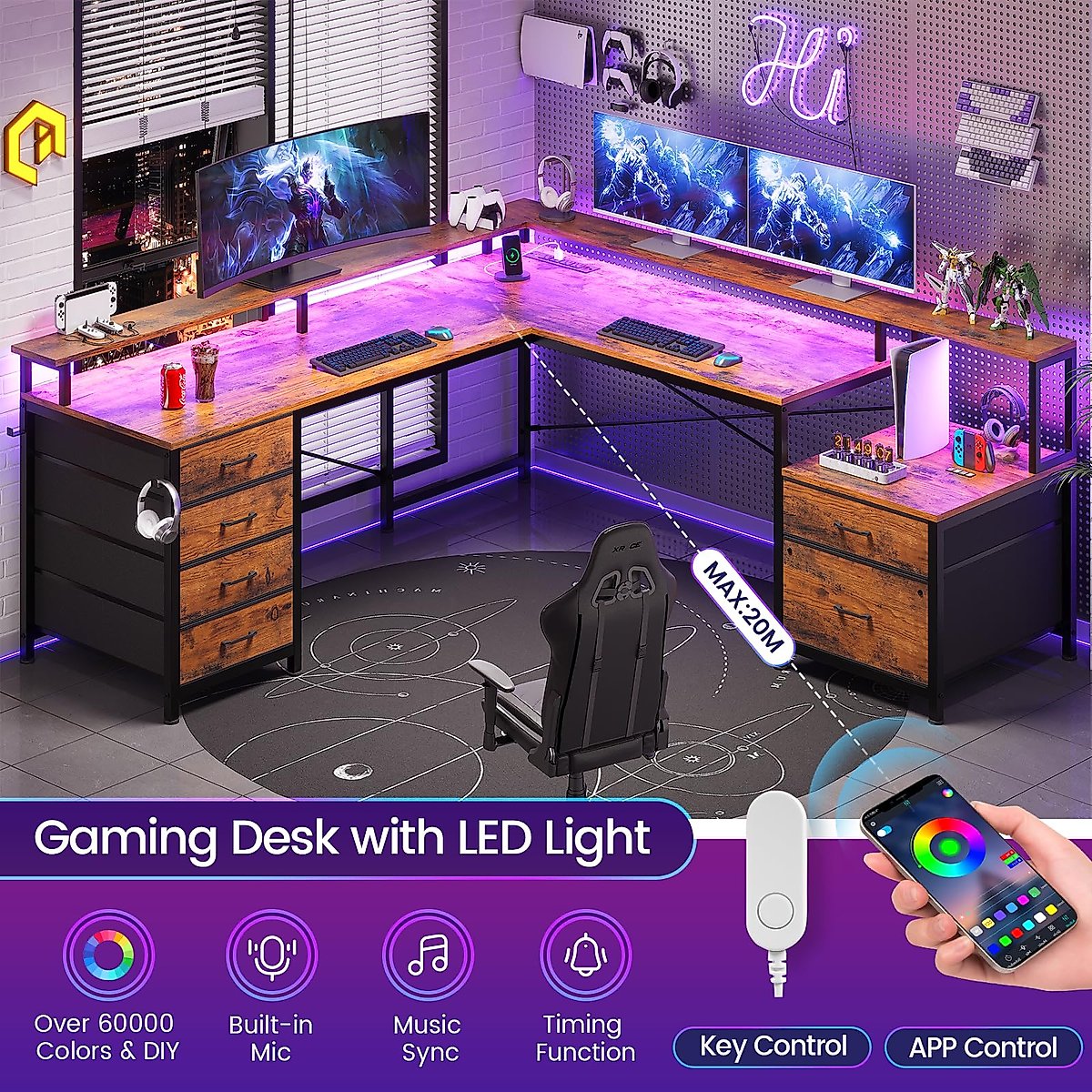 SEDETA L Shaped Desk with 6 Drawer, 108" Home Office Desk with File Drawer & Power Outlet, Corner Computer Desk with Monitor Shelf, Two Person Desk, Gaming Desk with Led Lights, Rustic Brown