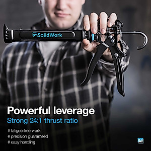 SolidWork Professional Drip-Free Caulk Gun with Ergonomic Steel Handle, up to 1/10 Gallon Cartridge, Adjustable 24:1 Thrust Ratio 1/10 Gallon Cartridge | Black Caulking Gun