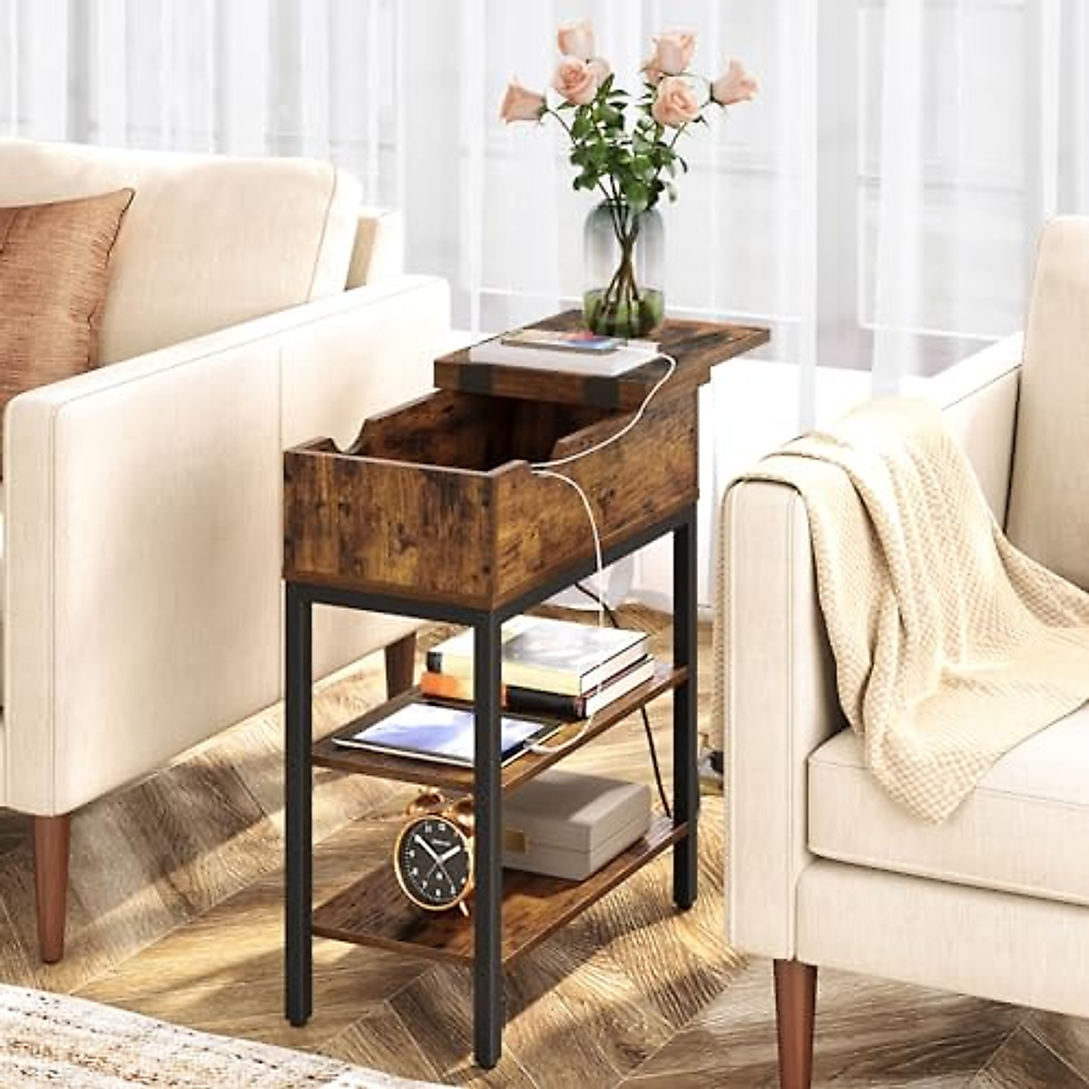 ALLOSWELL Side Table with Charging Station, Narrow Flip Top End Table with USB Ports and Outlets, Nightstand with Storage, Sofa Table for Living Room, Bedroom, Easy Assembly, Rustic Brown ETHR5601