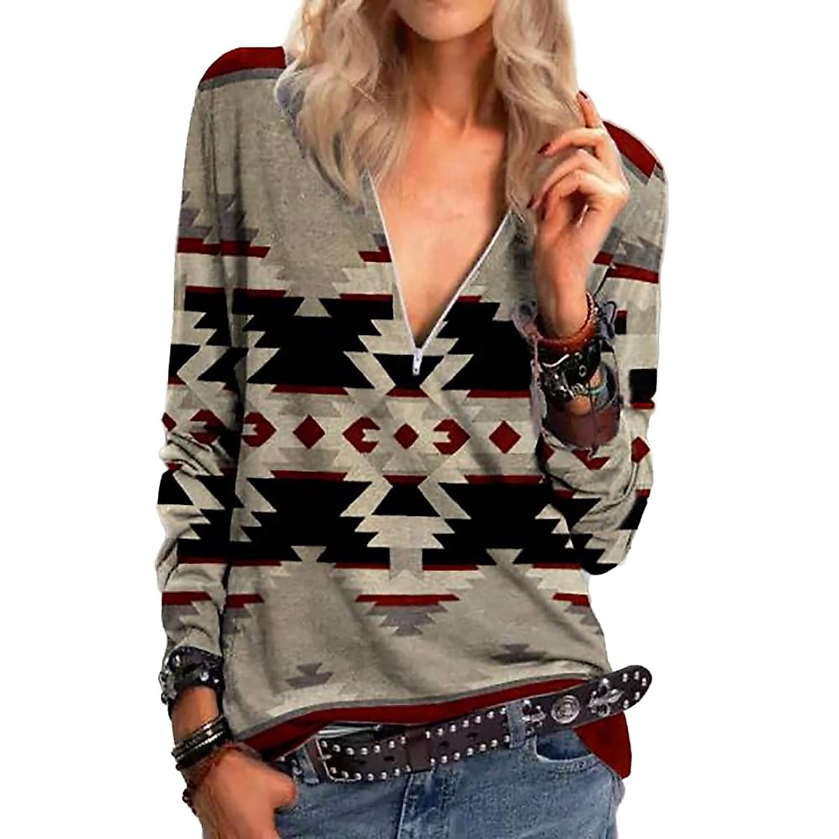 Janepam Womens Tops Shirt Long Sleeve Ethnic Boho Tribal Pattern Plaid Aztec Ombre Graphic Print V-Neck Zipper Loose Blouse(C Brown,2XL)