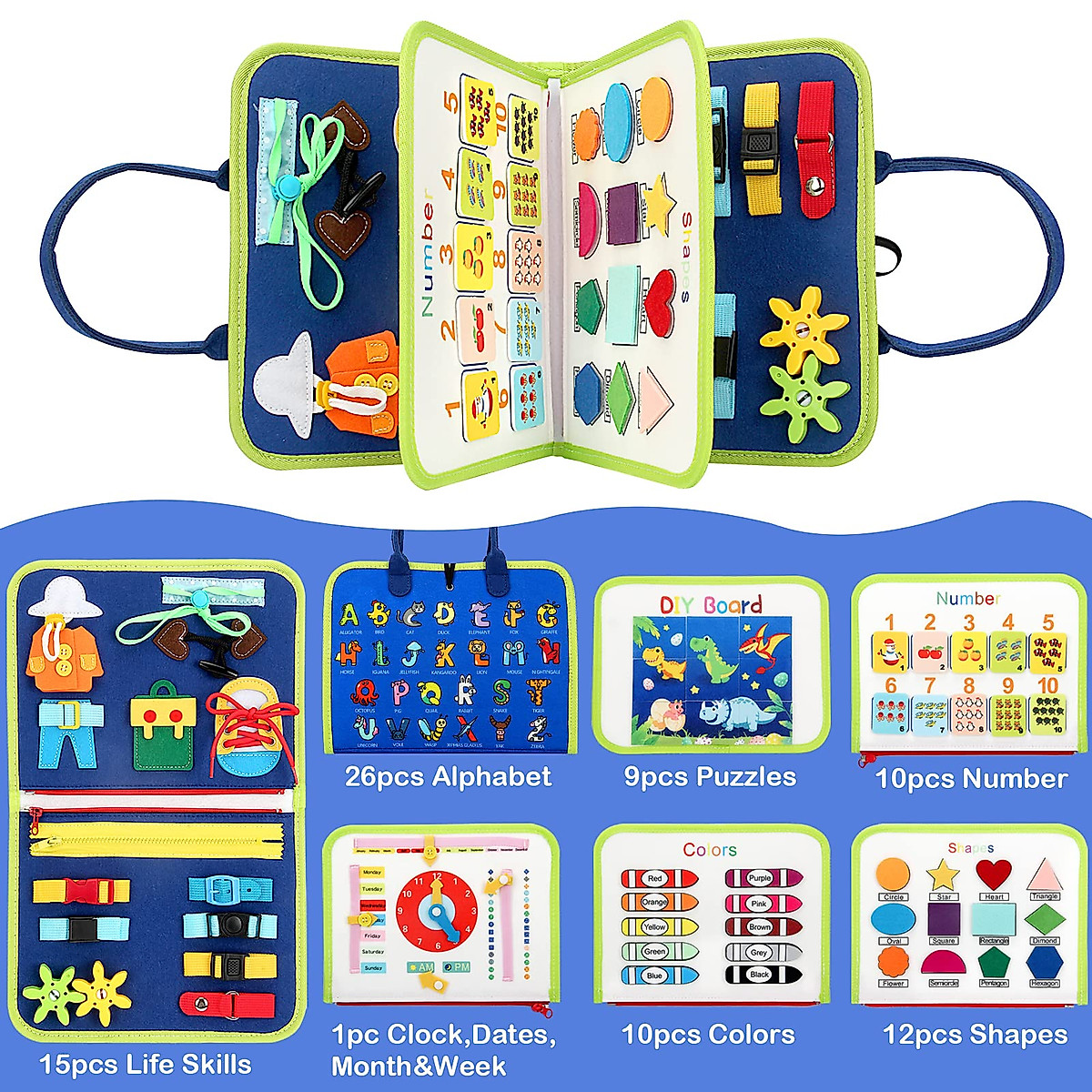 Busy Board, Toddler Busy Book for 1 2 3 4 Year-Old Boys Girls Birthday Gifts - 8 in 1 Preschool Educational Learning Toys with Alphabet Count Motor Skill, Toddler Travel Toys