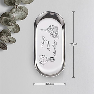 Happy 50th Birthday Decorations Stainless Steel Jewelry Tray Gifts Laser Engraved Round Shape Dish Personalized 50th Birthday Gifts for Daughter Sister Niece Aunt Friends