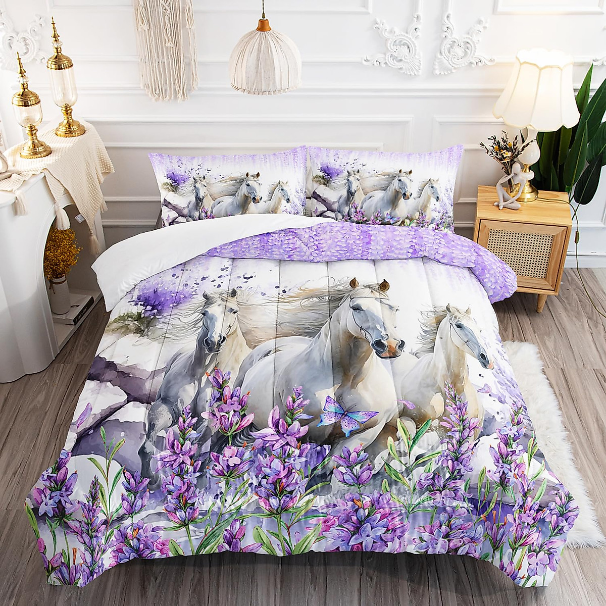 AILONEN Horse Comforter Set Twin Size, Purple Lavender Flower Bedding Set for Girls Women,Galloping Horse Bed in a Bag Quilt and 2 Pillowcases,3 Pieces Twin Comforter Set