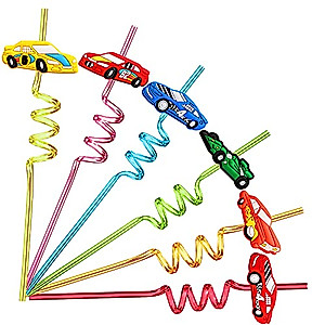 24 Race Car Party Favors Reusable Drinking Straws for Kids Boys Racecar Wheels Birthday Decorations Two Fast Party Supplies with 2 PCS Cleaning Brushes