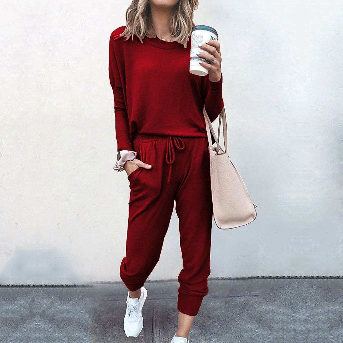 Sales Today Clearance Fall Two Piece Outfits for Women 2025 Plus Size Loose Fit Sweatsuits Tracksuits Jogger Crewneck 2 Piece Lounge Sets A-Wine
