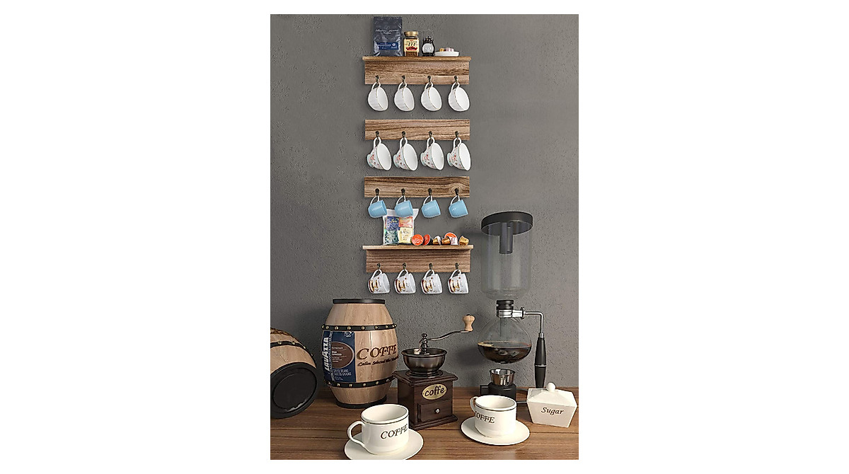 Rustic Coffee Mug Rack with Storage Shelves - Farmhouse Wall Organizer