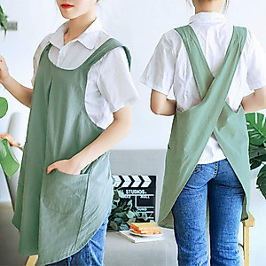 NEWGEM Japanese Linen Cross Back Kitchen Cooking Aprons for Men with Pockets for Baking Painting Gardening Cleaning Light Green