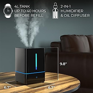 Everlasting Comfort: Cool Mist Humidifier for Bedroom 4L - Large Room, Filterless Humidifier with Essential Oil Diffuser, Easy Clean & Quiet, Black