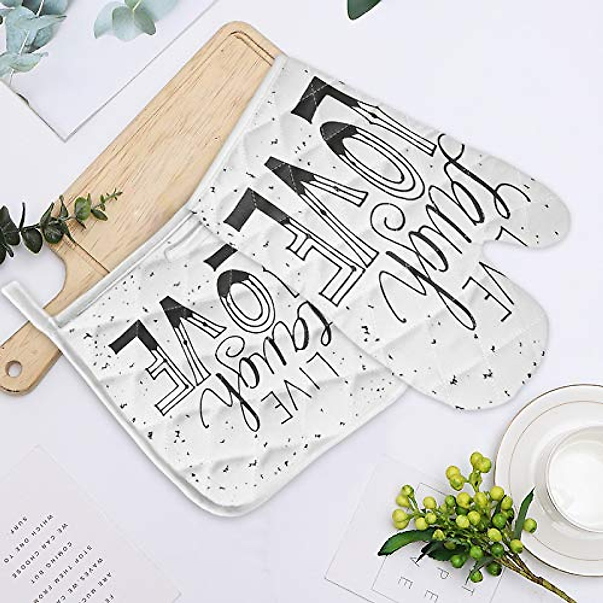 Set of Oven Mitt and Pot Holder Live Laugh Love Quote Oven Gloves Heat Resistance Non-Slip Surface for Kitchen BBQ Cooking Baking Grilling,Black White