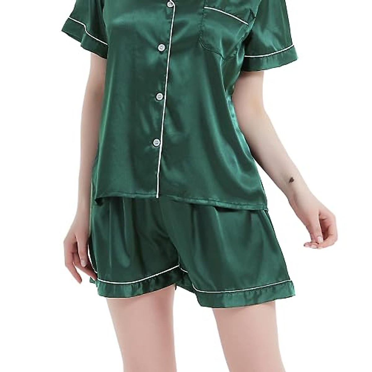 NANJUN Womens Silk Satin Pajamas Short Sleeve Sleepwear Bride Soft Button Down Loungewear 2 Piece Pjs Set XS-3XL(green,3xl)
