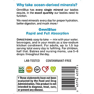 OmniBlue Ocean Minerals | 100% Natural Solar-Harvested Ocean Electrolytes | All Required Macro and Trace Minerals | Not Lab-Made | No Additives … (8 oz.)