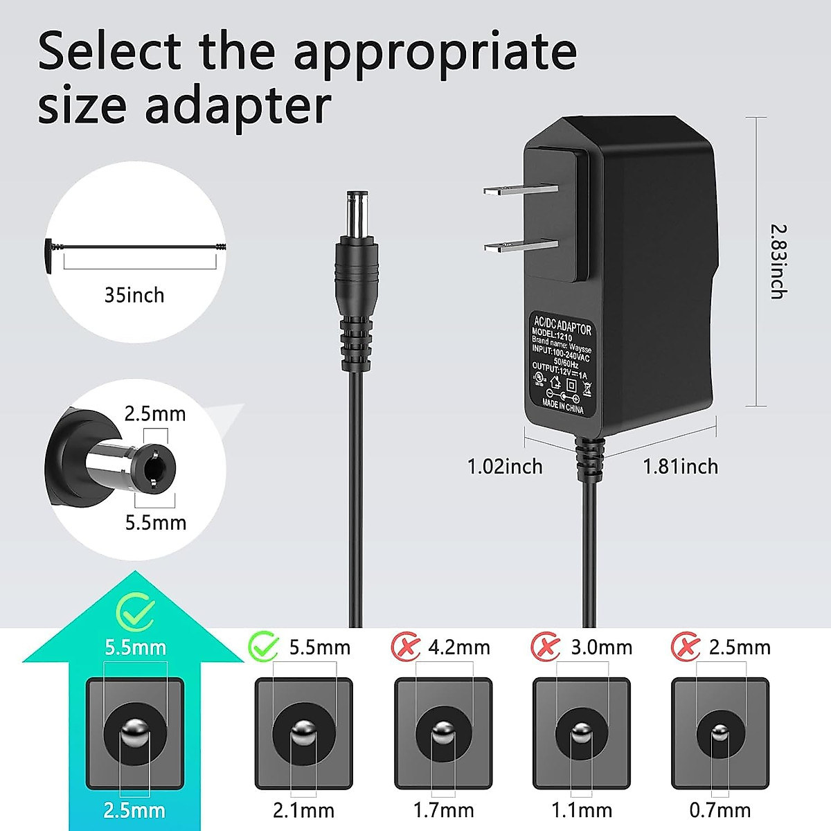 12V 1A Power Supply Adapter, Waysse 1000mA 12W AC/DC Adapter,12W AC Switching Adapter Slim Design DC 12V Charger for CCTV Camera, LED Strip Light, Routers, Speakers, Home Appliances, Scanner