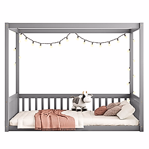 LostCat Full Size Canopy Floor Bed Frame with Fence, Wood Montessori Floor Bed for Teens and Adults, Easy Assembly, No Box Spring Needed,Grey