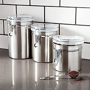 5pc Stainless Steel Canister Set with Clear Acrylic Lids & Clamp Airtight Durable & Stackable Food Storage Container for Kitchen Counter & Pantry, Tea, Sugar, Coffee, Flour, Rice, Pasta, Spices, Herbs