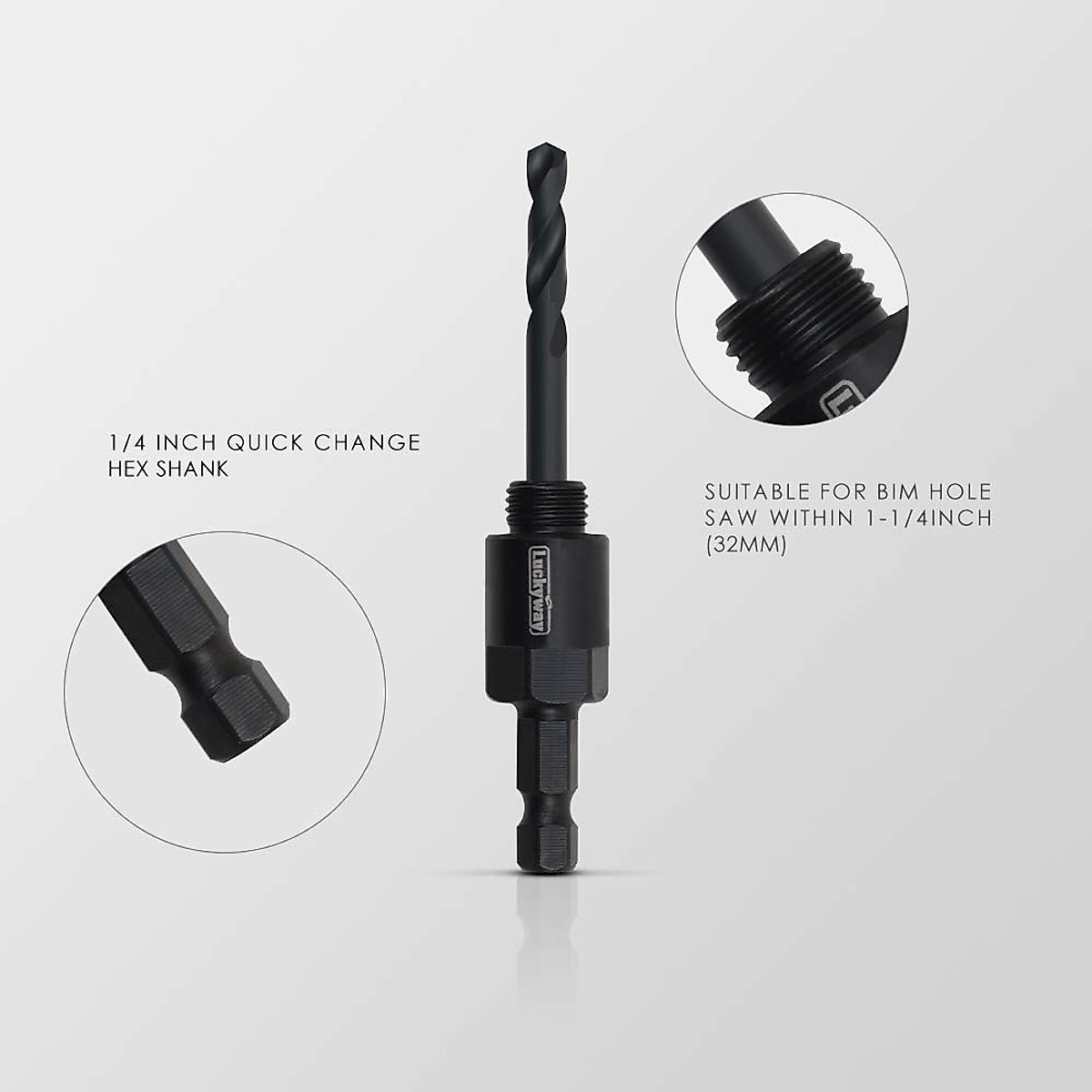 Luckyway 3-Piece Hole Saw Mandrel,Fit 3/4-Inch to 6-Inch Diameter,Including 7/16-Inch and 3/8 Inch Shank Hole Saw Arbor and 3-Piece 1/4 Inch HSS(M2) Central Drills