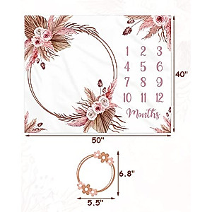 Eunikroko Floral Boho Baby Monthly Milestone Blanket Little Girl Bohemian Photo Prop Blanket Pampas Grass Ideas for Newborn Princess Pink Nursery Décor 40" X 50"
