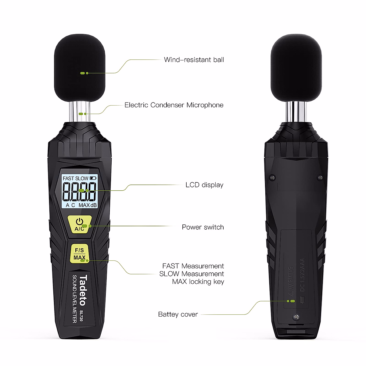 Decibel Meter, Tadeto Digital Sound Level Meter Portable SPL Meter 30dB to 130dB MAX Data Hold with LCD Display Backlight A/C Weighted for Home Factories