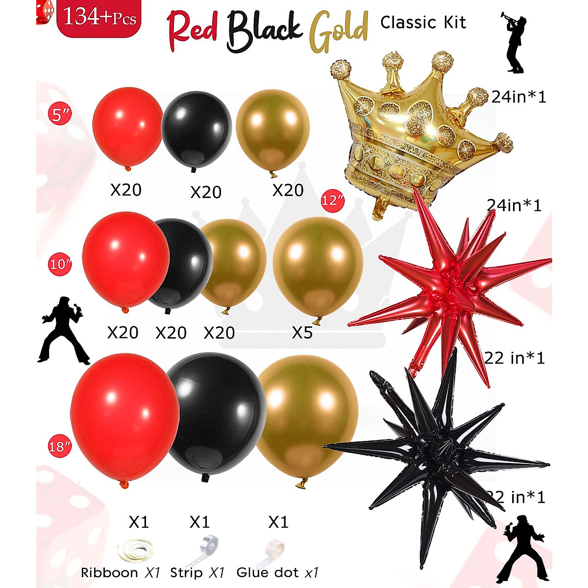 Black and Red Gold Balloon Garland kit 135Pcs Latex Chrome gold and Crown star balloons for Birthday Party anniversary 2023 graduation prom day Decorations