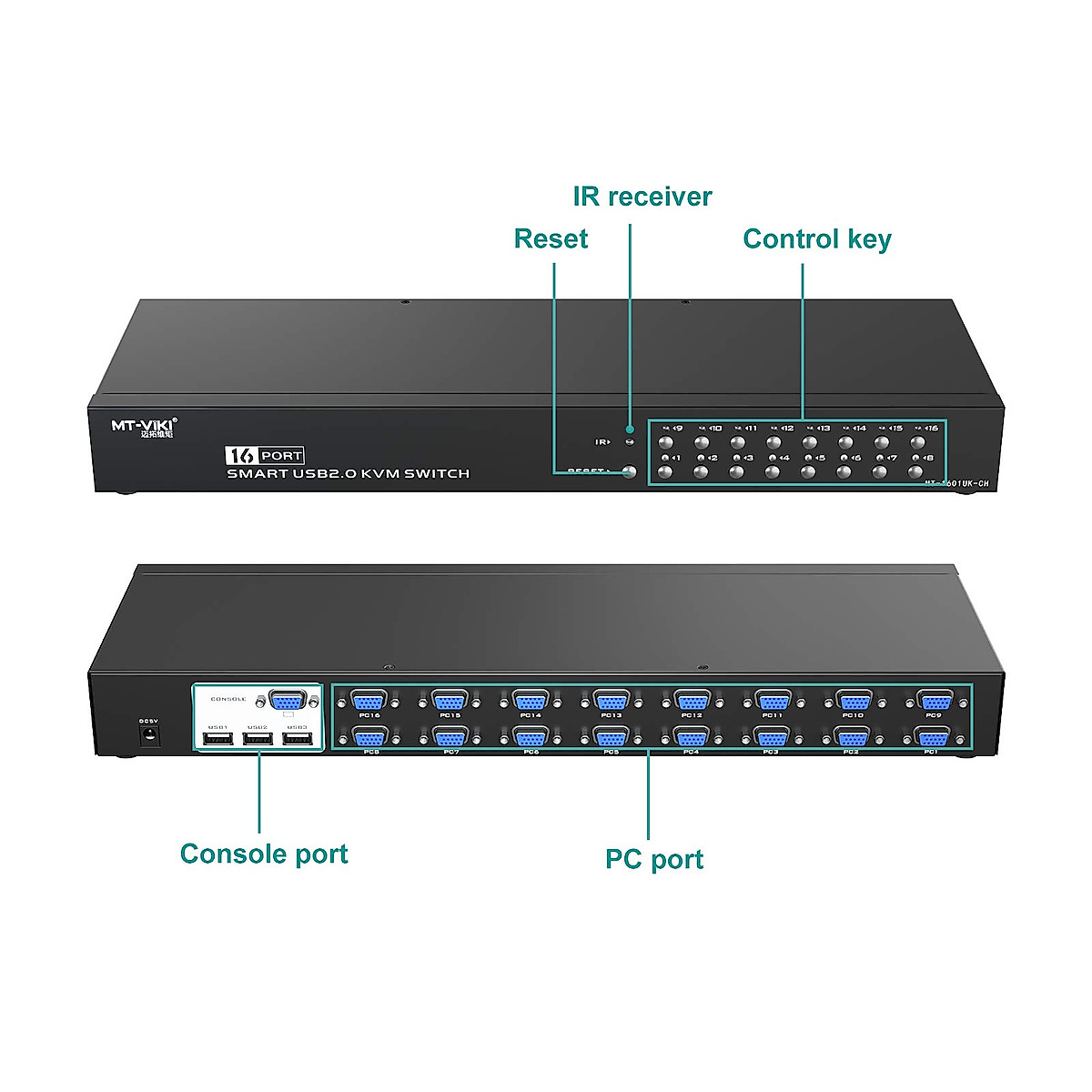 MT-VIKI 16 Port KVM Switch, 16X1 Rackmount KVM Switch VGA, Included 16 KVM Cables & IR Remote, Fit 1U 19'' Rack