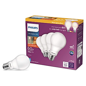 PHILIPS LED Flicker-Free Frosted Dimmable A19 Light Bulb - EyeComfort Technology - 800 Lumen - Soft White (2700K) – 8.8W=60W - E26 Base - Ultra Definition Old Version - Indoor - 4-Pack