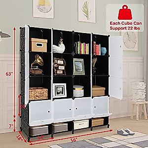 VINGLI Portable Closet Shelves, 16 Cube Clothes Organizer, Plastic Playroom Storage, Storage Closet, DIY Cube Storage Organizer with Doors and Hanging Rods