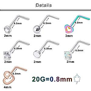 Yaalozei 20g Nose Ring for Women L Shape Nose Piercing Jewelry 20 Gauge Surgical Stainless Steel Cute Nose Rings Hoop Nose Ring Stud Nostril Nose Piercing Jewelry for Women Men Silver Rose Gold Black