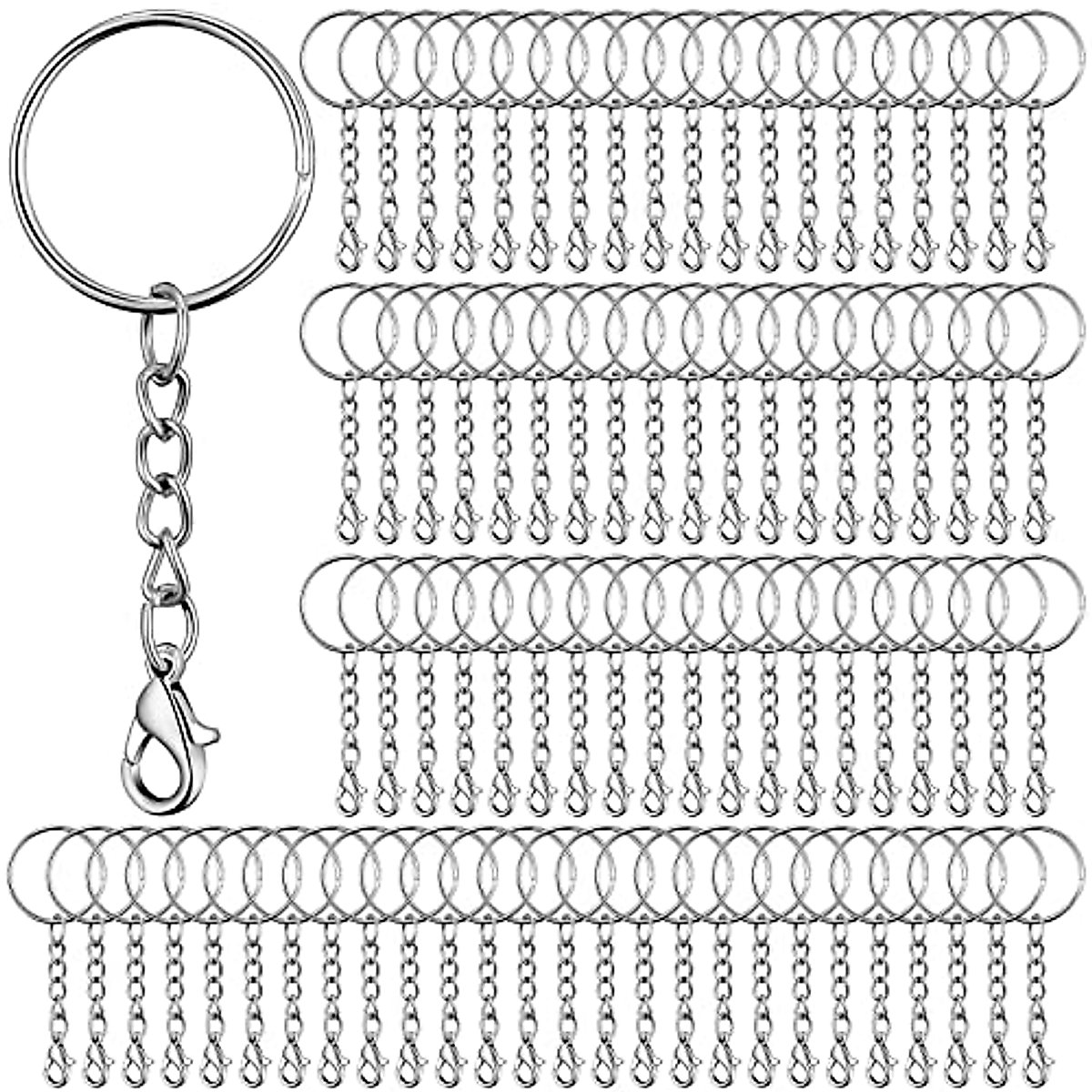 Sasylvia 100 Pcs Keychain Rings with Chain Key Chain Making Kit Include Split Key Ring with Chain, Open Jump Rings, Lobster Clasp, Keychain Ring for Crafts Jewelry Making Supplies, Silver