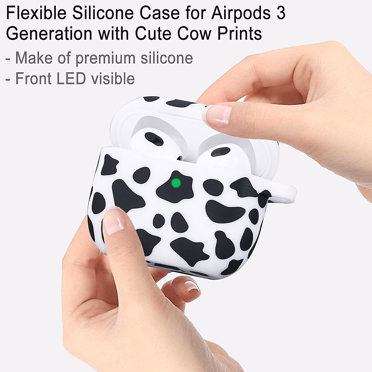 Silicone Cow Airpods 3 Case 2021, YOMPLOW Case Cover for Apple Airpods 3rd Generation Floral Print Soft Flexible Cover for Air Pod 3 Women Girls, Skin with Keychain - Black Cow