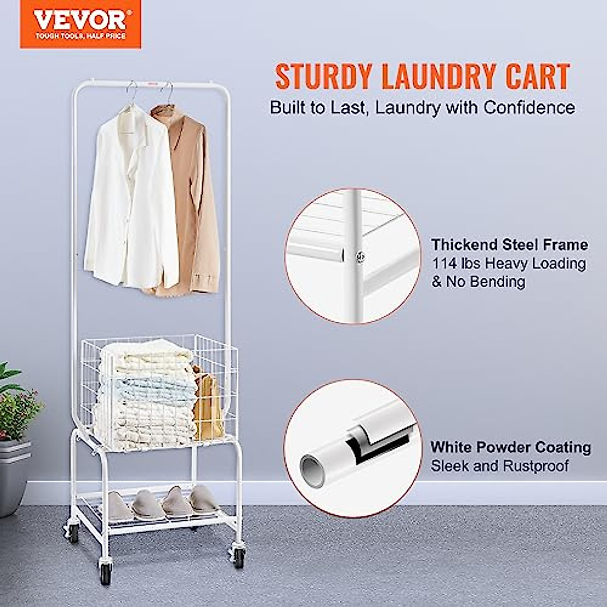 VEVOR Metal Rolling Laundry Basket with Hanging Garment Rack, Laundry Hamper Cart Adjustable Height with Basket Load and Shelf Load, Storage Organizer with Heavy Duty Lockable Wheels