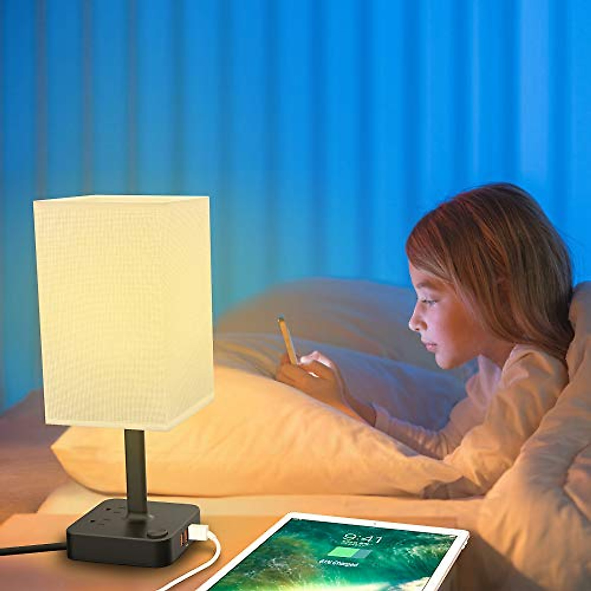 cozoo Bluetooth/WiFi RGB & USB Bedside Table Lamp with 3 USB Charging Ports and 2 Outlets Power Strip, LED Light Bulb Dimmable, Music Sync RGB Color Changing Light for Party Home/Bedroom/Living Room