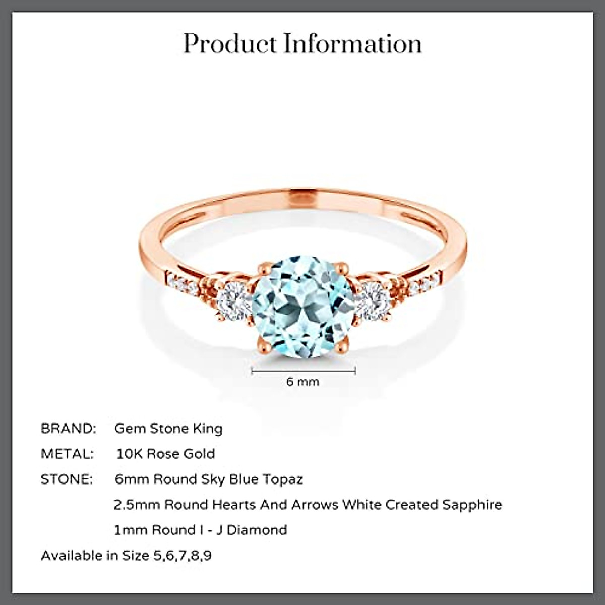 Gem Stone King 10K Rose Gold 6MM Round Gemstone Birthstone White Created Sapphire and White Diamond Accent 3-Stone Engagement Ring | Three-Stone Wedding Anniversary Promise Ring For Women