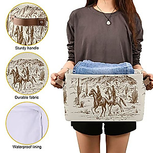 Cowboy Storage Basket Western Desert Cowboy Storage Bin Collapsible Large Storage Baskets with Leather Handles Storage Cube Box Organizer for Closet Toys Gift Basket,1PC