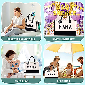 MAMA Tote Bag Mothers Day Gifts for New Mom, Pregnant Women, Canvas Mommy Bag with Zipper, Hospital Bag Essentials for Labor and Delivery, Pregnancy Gifts for Expecting First Time Mom