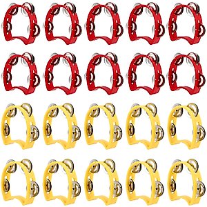 MUKLEI 20 Pack 4 Inch Mini Handheld Tambourine, Half Moon Musical Tambourine for Music Center Little Boys or Girls Center Party, Red and Yellow