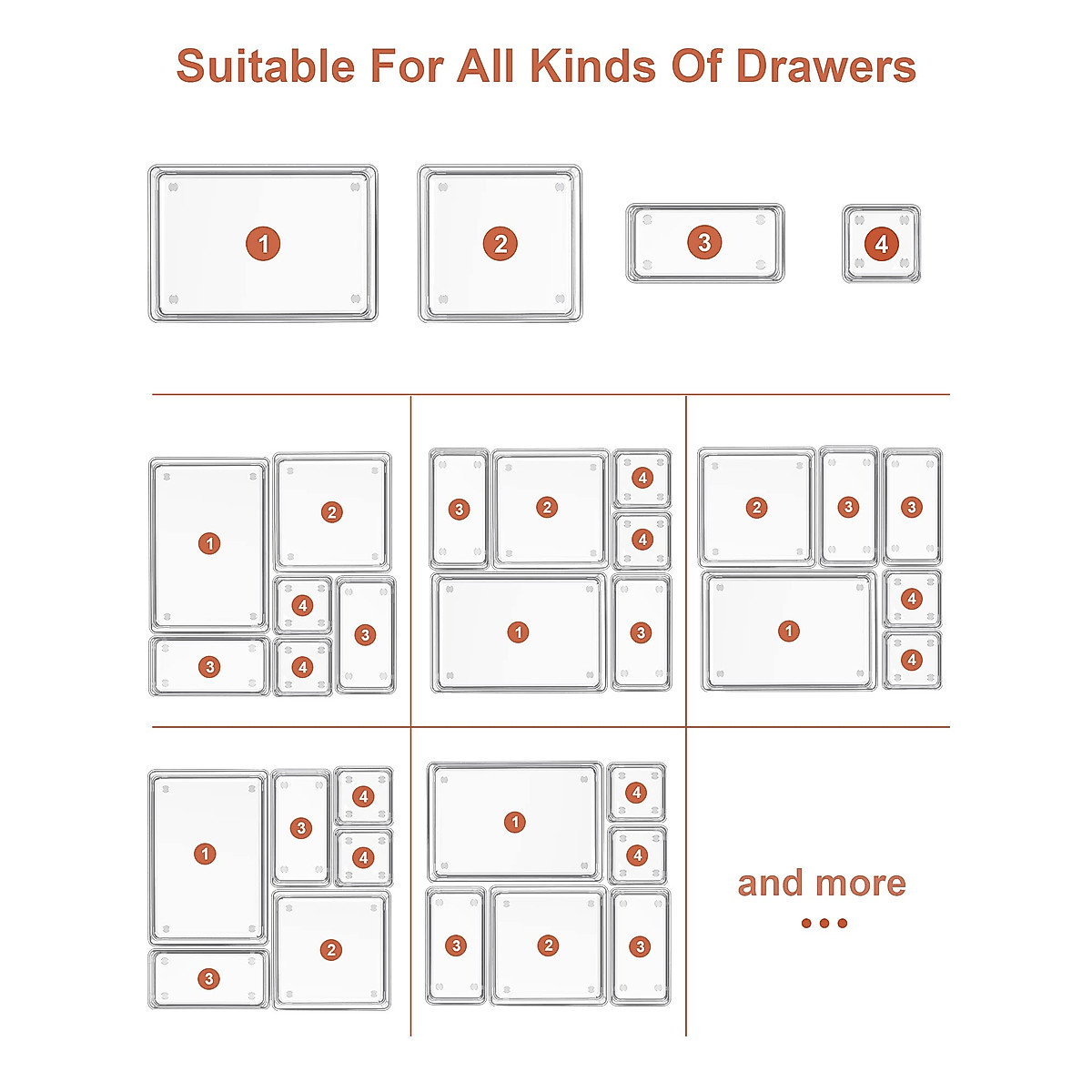 SMARTAKE 7-Piece Drawer Organizer with Non-Slip Silicone Pads, 4-Size Desk Drawer Organizer Trays Storage Tray for Makeup, Jewelries, Utensils in Bedroom Dresser, Office and Kitchen (Clear)