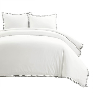 Lush Decor Hampton Double Flange Embroidered Contrast Edge Cotton Duvet Cover Set, 3 Piece Set, Full/Queen, White & Black - Hotel Bedding Set - Black Trim - White Duvet Cover - Minimalist Decor