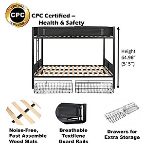 DNYN Queen Over Queen Bunk Bed with Storage Drawers & Wood Slat Support & Ladder & Safety Rails for Kids/Adults,Space Saving Design & No Box Spring Needed,Perfect for Dorm,Bedroom,Guest Room, Black