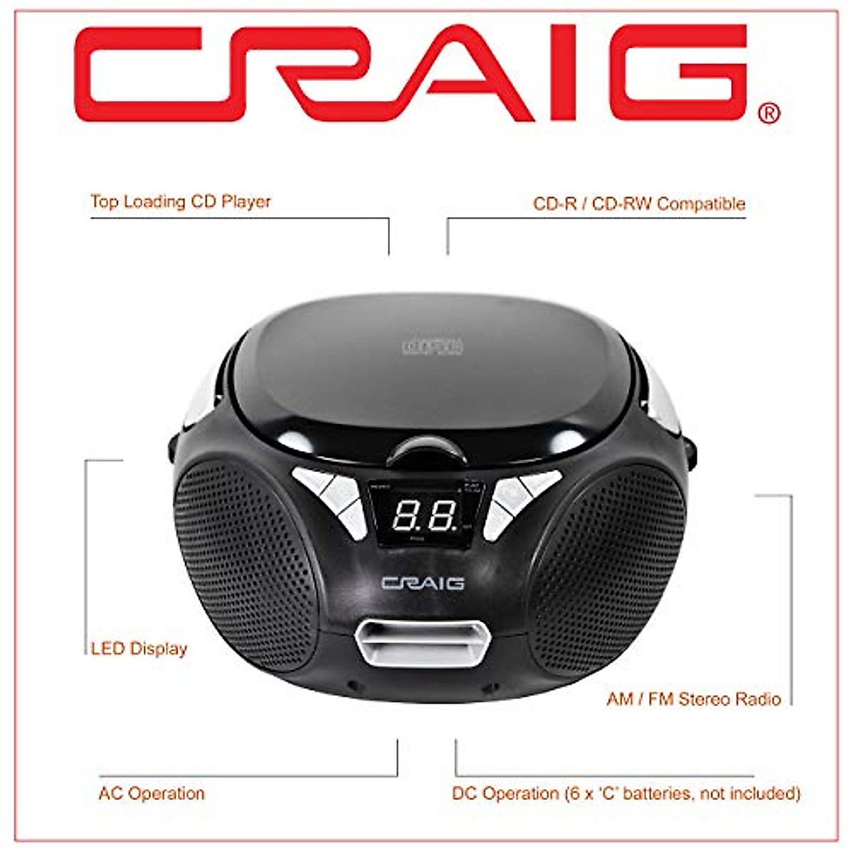 Craig CD6925 Portable Top-Loading Stereo CD Boombox with AM/FM Stereo Radio in Black | LED Display | Programmable CD Player | CD-R/CD-W Compatible | AUX Port Supported |