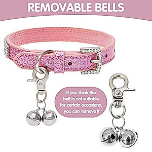 PUPTECK Basic Adjustable Cat Collar with Bling Diamante and Double Bells, for Kitten and Small Puppy, Fashion and Shining (XXS: Collar Adjustable: 6-8in, 0.3inch Width, Pink)