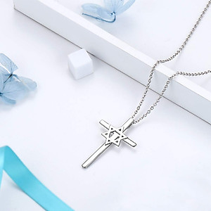 Star Of David Necklace for Women Men 925 Sterling Silver Jeweish Star Necklace Magen David Necklace Star of David Charm Cross Pendant Necklace Jewish Jewelry for Womens Chrismtas Gifts FP0110W
