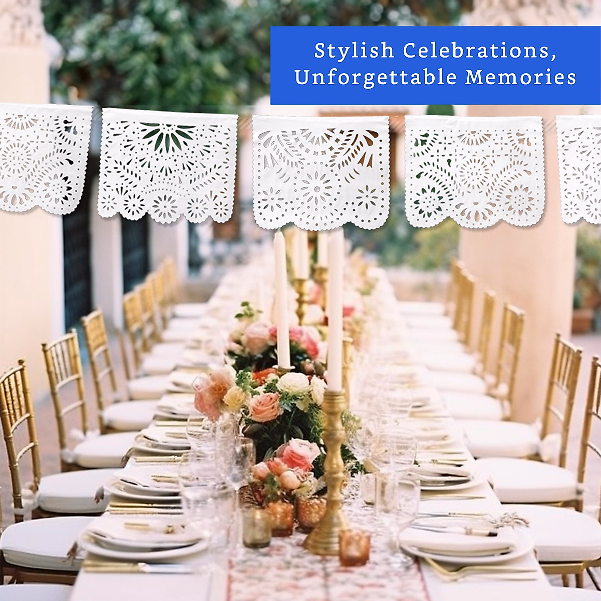 White Papel Picado Banner (5 Pack - 10 Plastic Flags per Banner) - White Mexican Banners for Parties and Weddings - Mexican Themed Party Decorations - Papel Picado Mexicano para Decoraciones