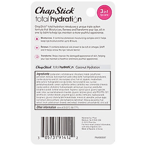 ChapStick Total Hydration 3-in-1 Lip Balm, Coconut Hydration, 0.12 Ounce (Pack of 3)
