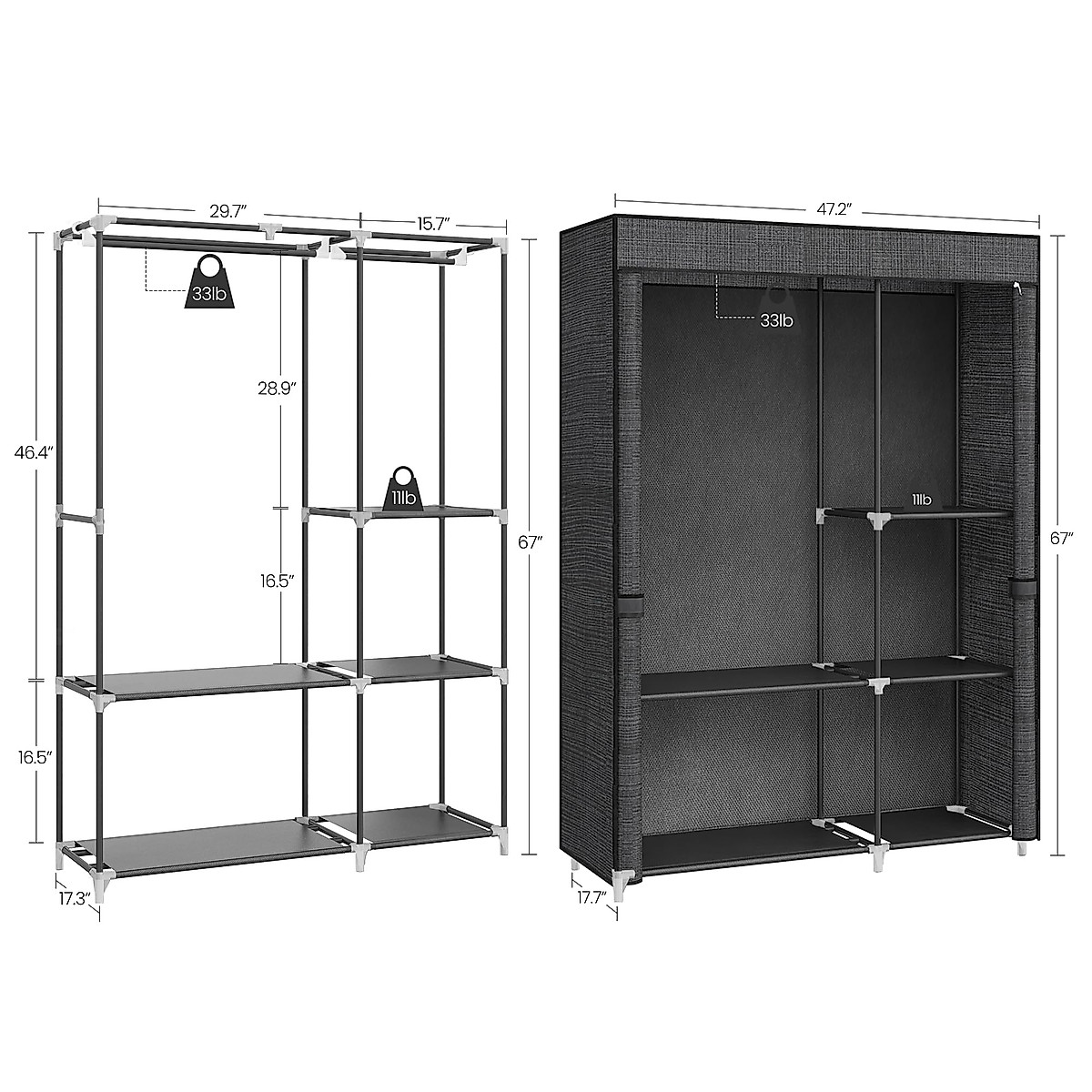 Hzuaneri 47.6-inch Closet Wardrobe, Portable Closet for Bedroom, 2 Clothes Rail with Non-Woven Fabric Cover, Clothes Storage Organizer, 5 Compartments, Black WO0503BC