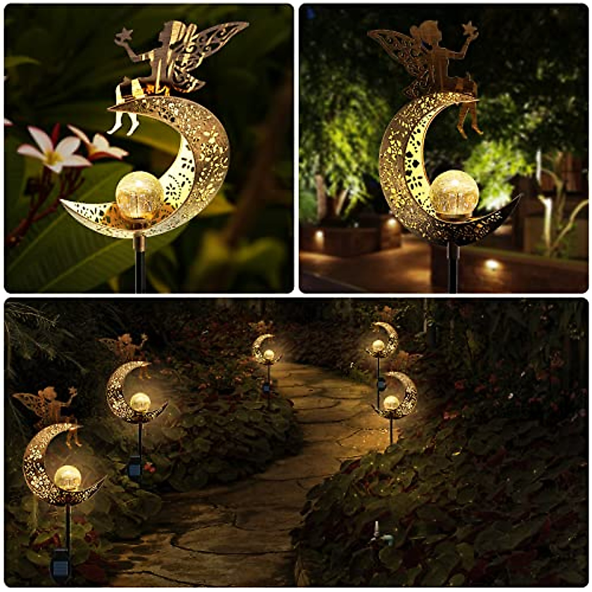 ConKrian Garden Solar Lights Pathway,Angel Moon Crackle Glass Globe Stake with Angel Metal Lights,Waterproof Warm White LED for Lawn,Patio or Courtyard,Christmas Decorative Lights Outdoor Gift Set